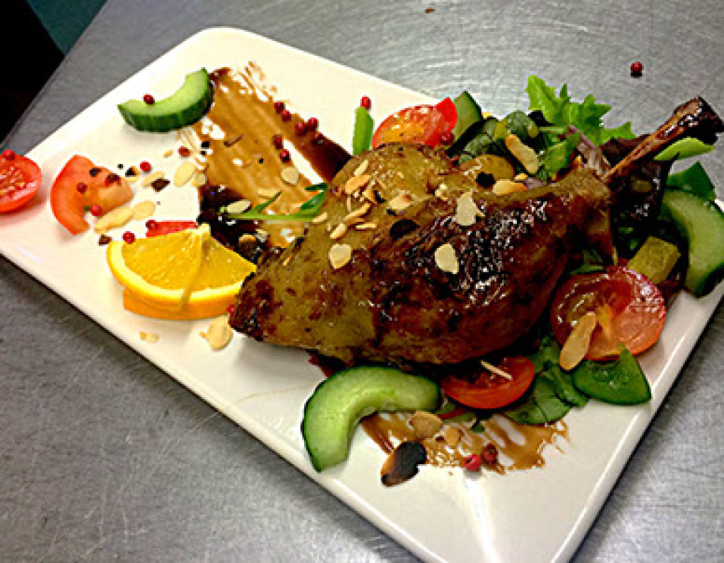 Maple glazed Duck Leg Confit Salted Almonds and Plum Soy Coulee - blog ...